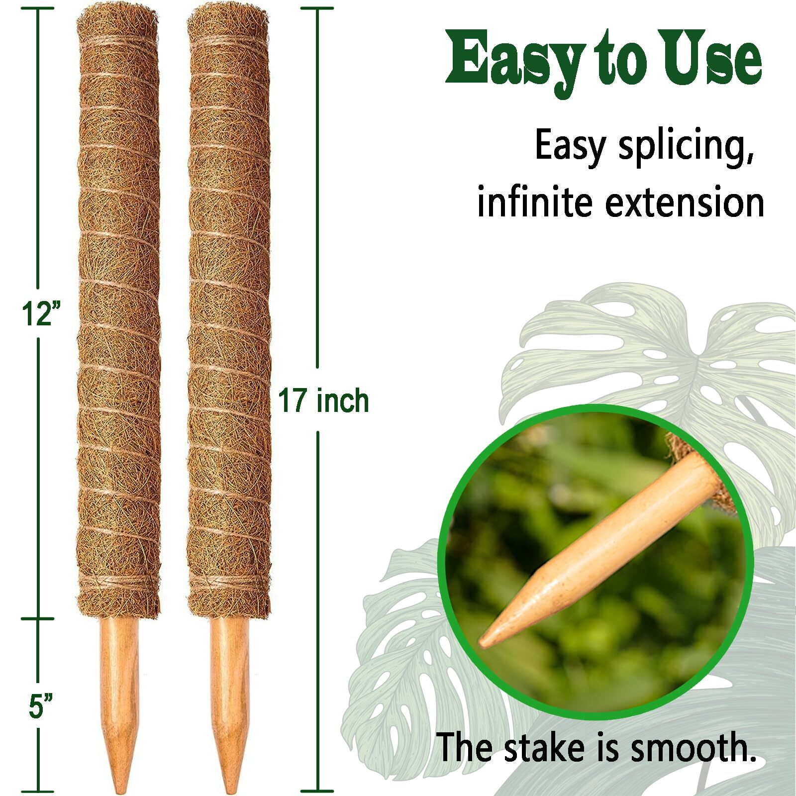 2 Pack 17 Inch Moss Pole Stackable Moss Poles for Climbing Plants ...