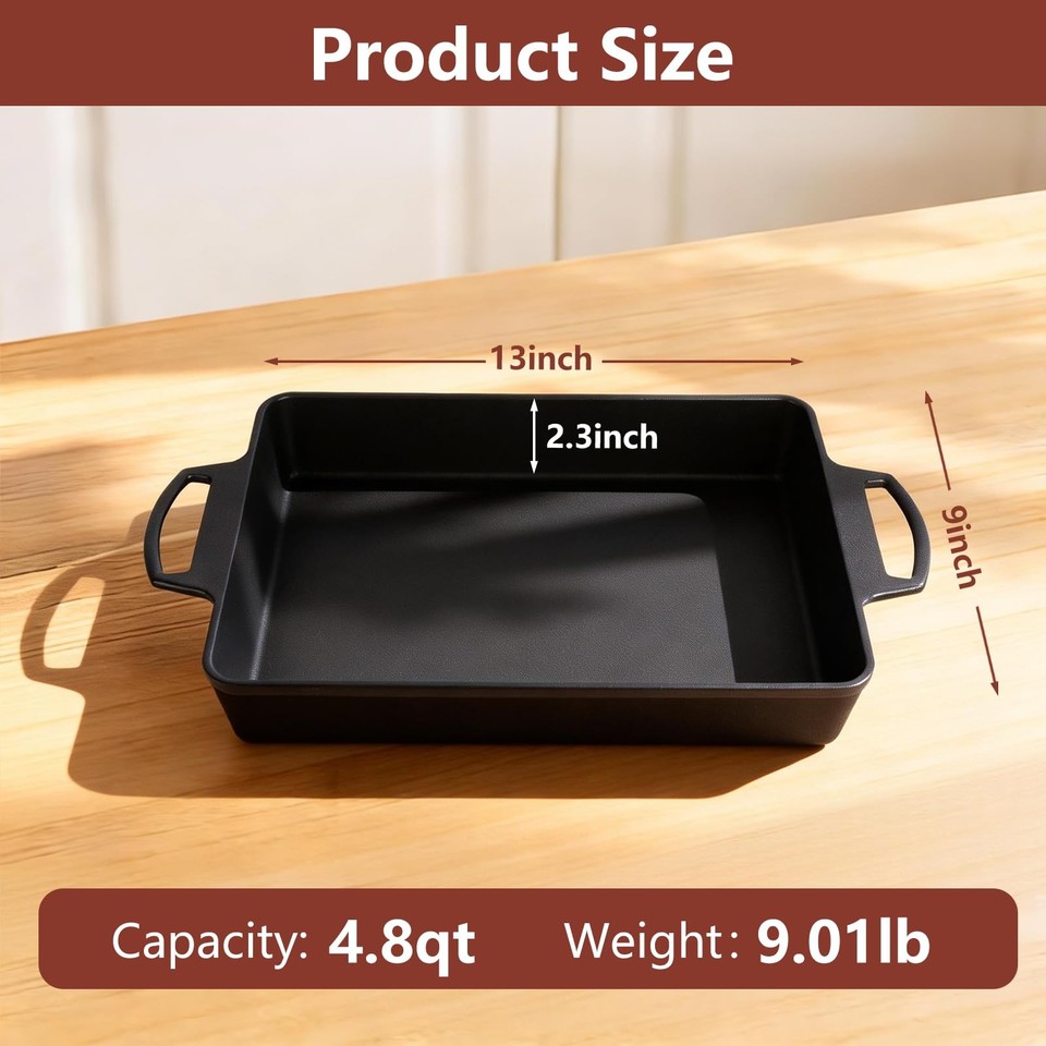 9x13 Inch Cast Iron Detroit Pizza Pan 4.8 Quart Deep Baking Dish Oven ...