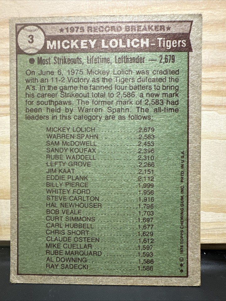 1976 Topps Mickey Lolich # 3 Detroit Tigers Strikeout Record Baseball ...