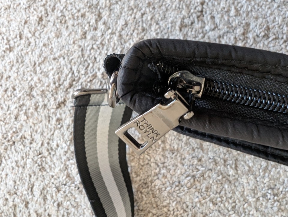 Think Royln bum crossbody purse black camo quilted striped strap | eBay