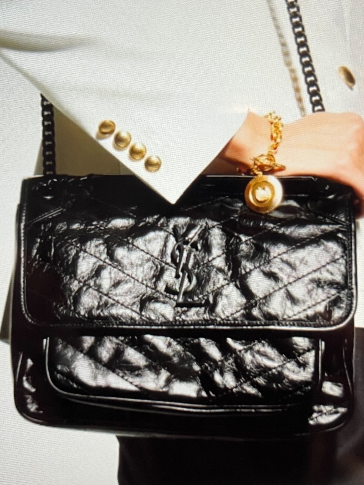 YSL Nikki Black Aged Crinkled Leather Crossbody Bag O… - Gem
