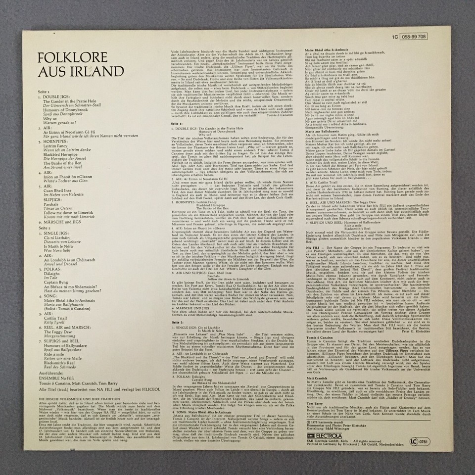 Z311 Folk Music from Ireland Na Fili Harmonia Mundi 1C 058-99 708 ...