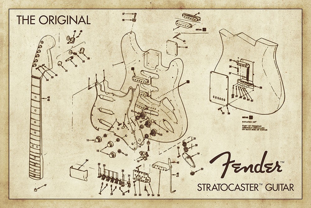 Poster Studio B - Fender Diagram Blueprint Guitar 24x36" NEW Wall Art ...
