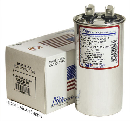 AmRad USA2216 Round Run Capacitor 45 uF MFD 370 / 440 Volt Made in USA ...