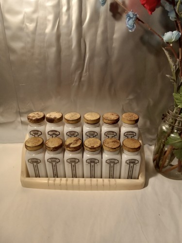 Vtg Mid Century Griffiths’ Spice Jar Rack Art Deco Milk Glass Metal ...