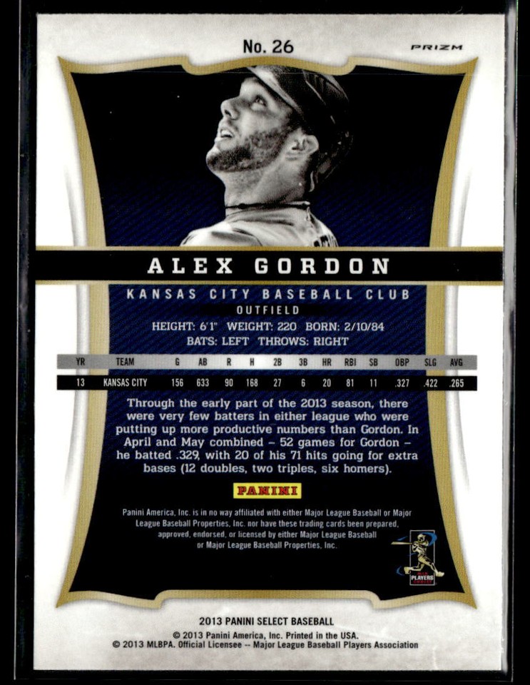 2013 Panini Select #26 Alex Gordon SIlver Prizm | eBay