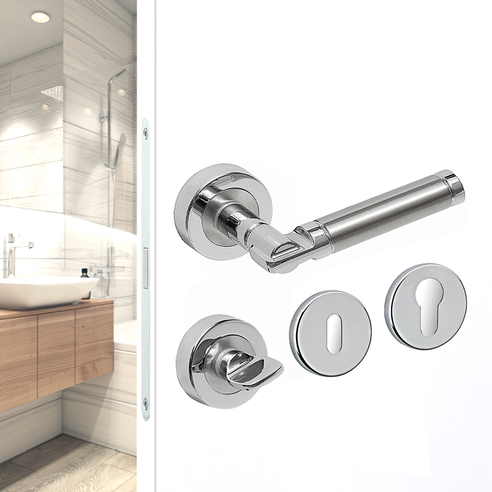 Satin Nickel and Chrome Internal Duo Door Handles Straight Lever On ...