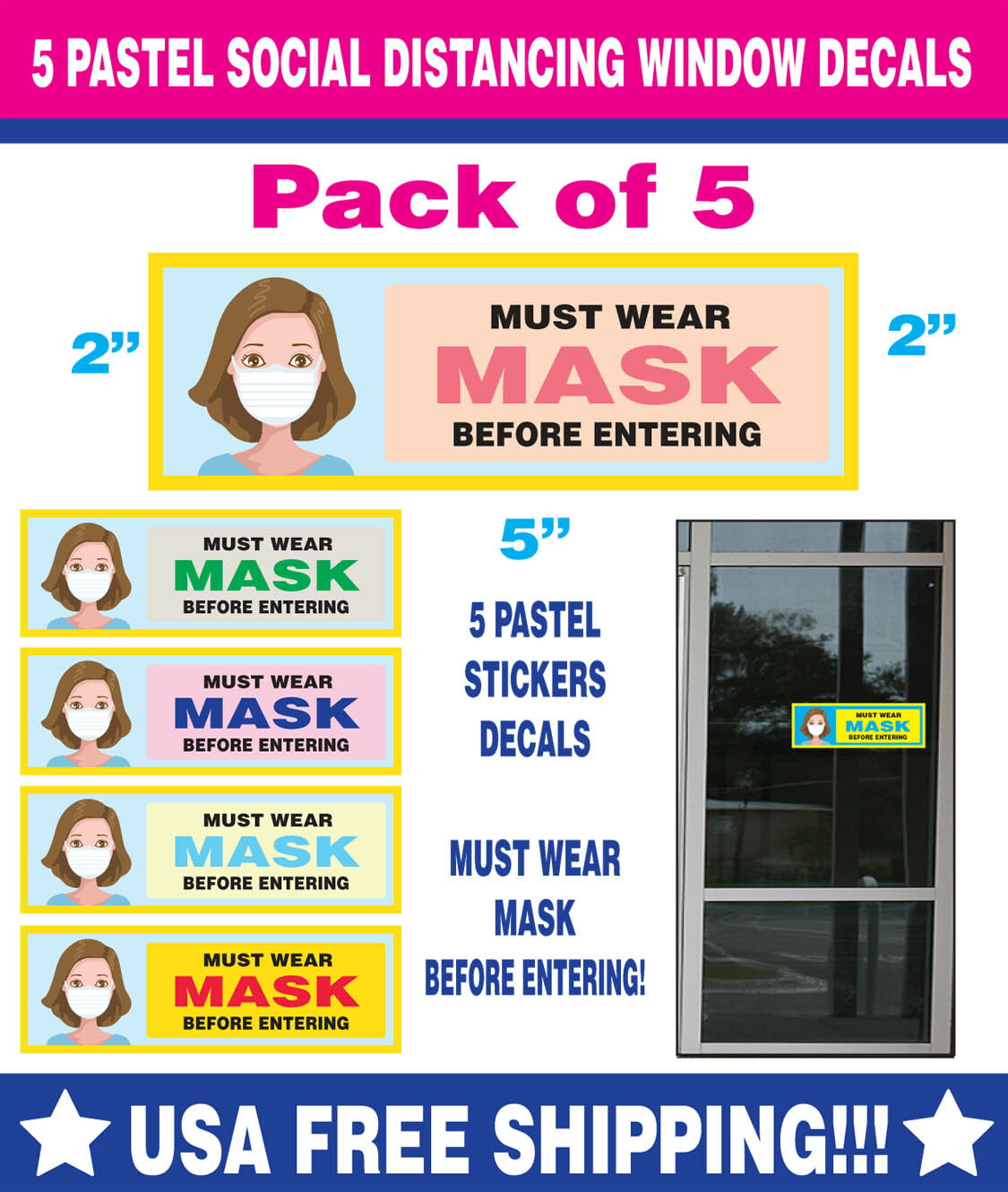 5 PASTEL SOCIAL DISTANCING DOOR DECALS -MUST WEAR MASK STICKERS 2"X5 ...