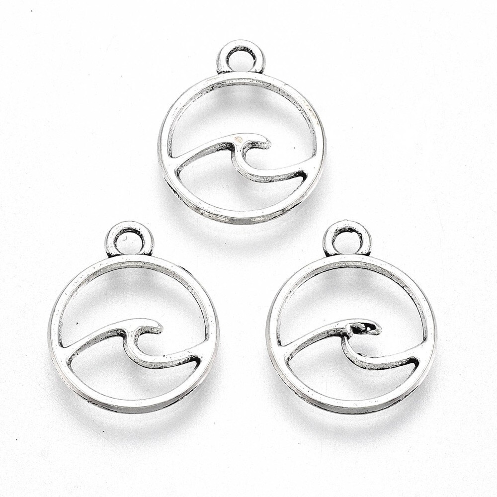 Ocean Wave Charms Antiqued Silver Circle Surfing Pendants Sea Life 15mm ...