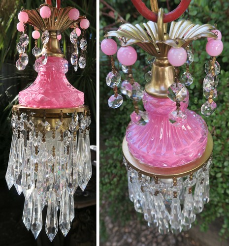 1 Vintage rose pink lady cupcake glass crystal Brass ceiling lamp ...