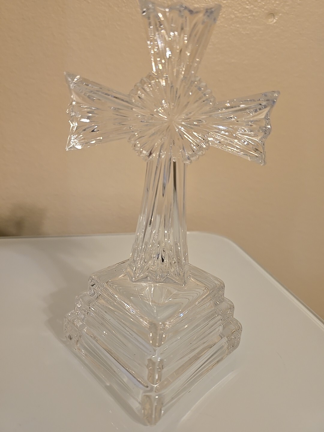 Vintage Crystal Clear 8" Tall Mantle Cross Crucifix Stand 3 Tier Base ...