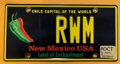 NEW MEXICO CHILE CAPITAL VANITY LICENSE PLATE " RWM " NM ROBERT RAY RON ...