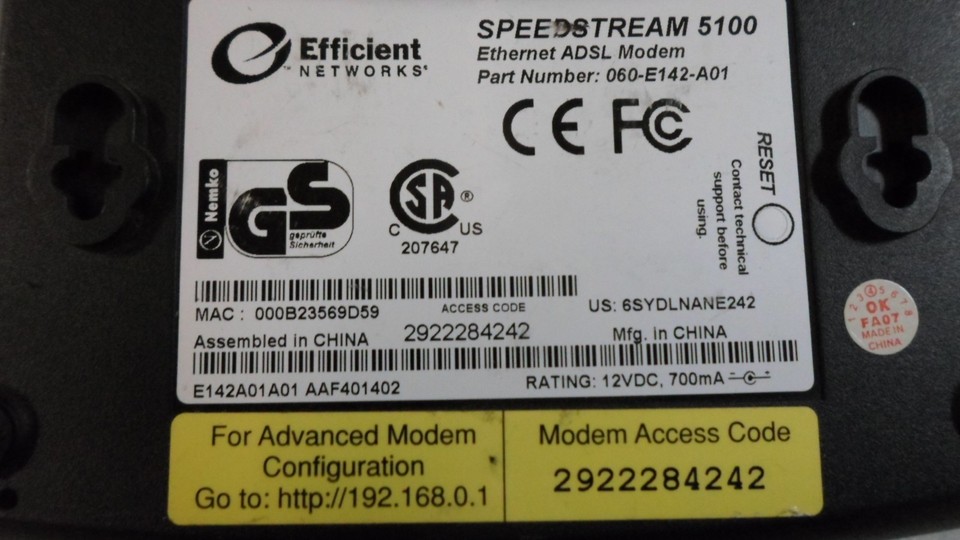 Efficient Networks SpeedStream 5100 060-E142-A01 060-E141-A01 ADSL ...
