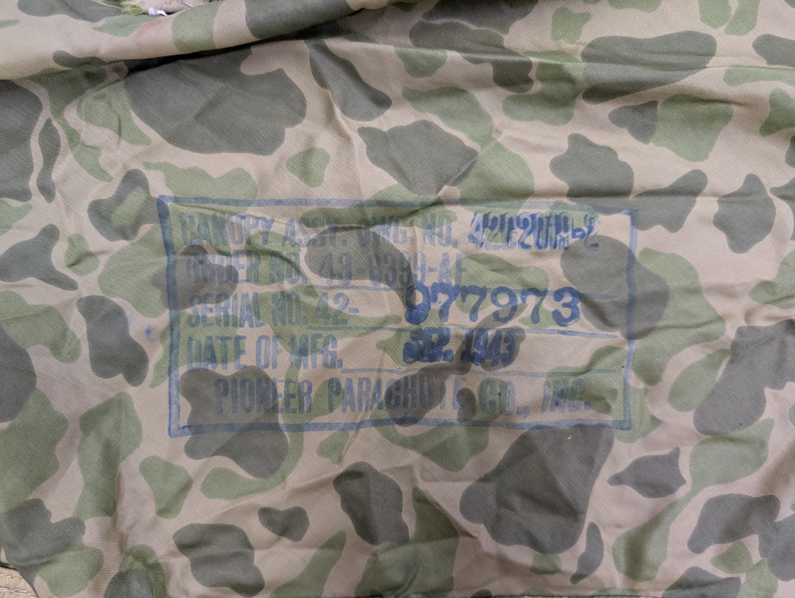 World War 2 WWII Camouflage Camo Parachute Section Dated 1943 Stamped ...