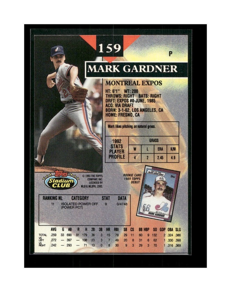 1993 Topps Stadium Club #159 Mark Gardner Montreal Expos Baseball Card ...