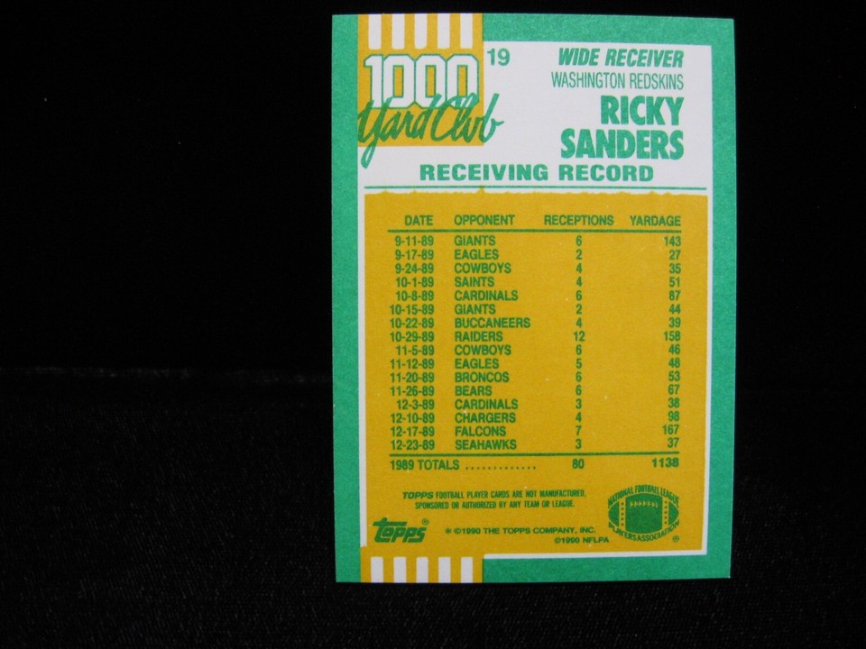1990 Ricky Sanders Washington Redskins Topps Regular 1000 Yard Club ...