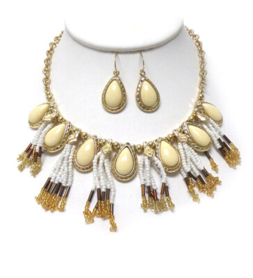 White Multi Teardrop and Beads Tassel Mix Statement Necklace and ...