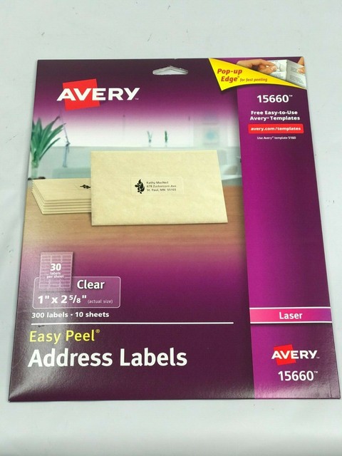 NEW Avery Clear Easy Peel Address Labels 15660 1 X 2 5 8 300 Labels NEW Avery Clear Easy Peel Address Labels 15660 1 X 2 5 8 300 Labels