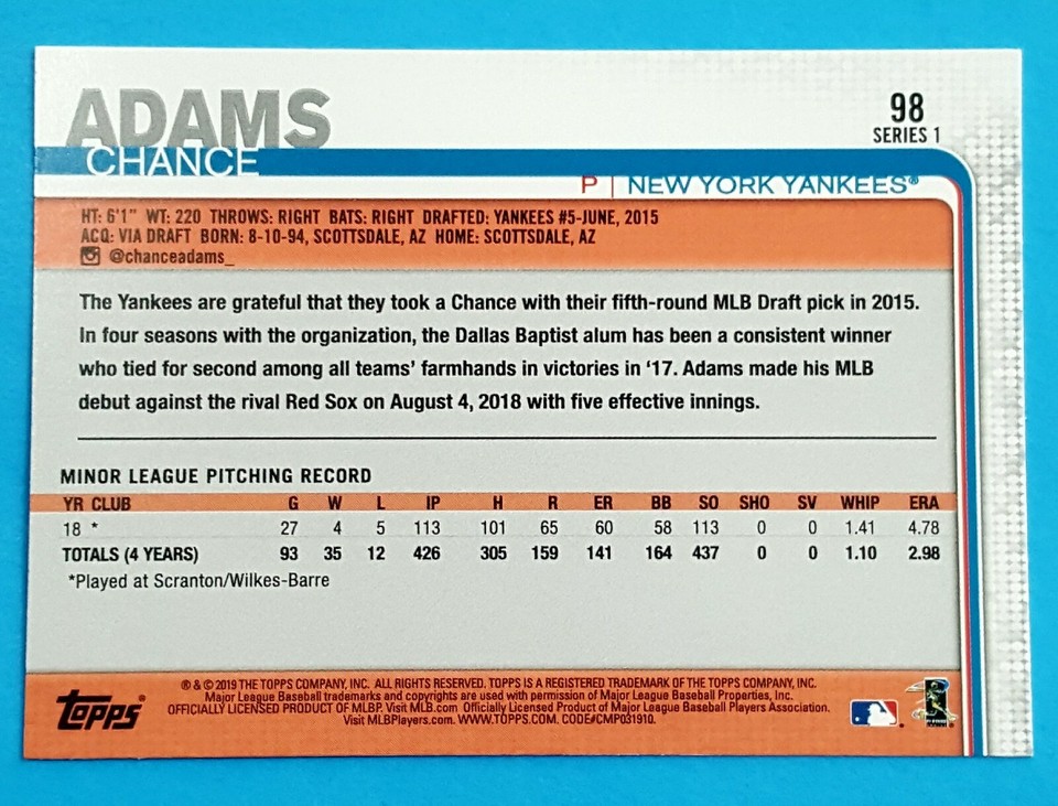 Chance Adams Rookie Card 2019 Topps Baseball 150th Anniversary SP #98 ...