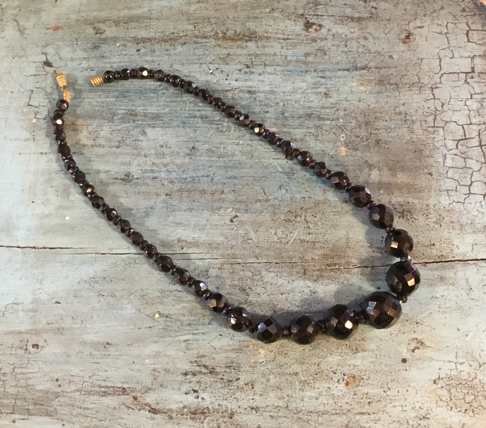 Antique Faceted Jet Black Glass Bead Necklace~Old Scr… - Gem