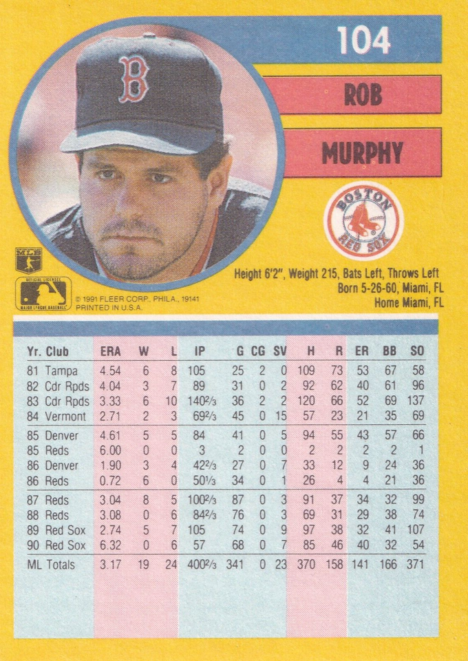 1991 Fleer #104 Rob Murphy MLB Boston Red Sox + (Yes 4 Free Mystery ...