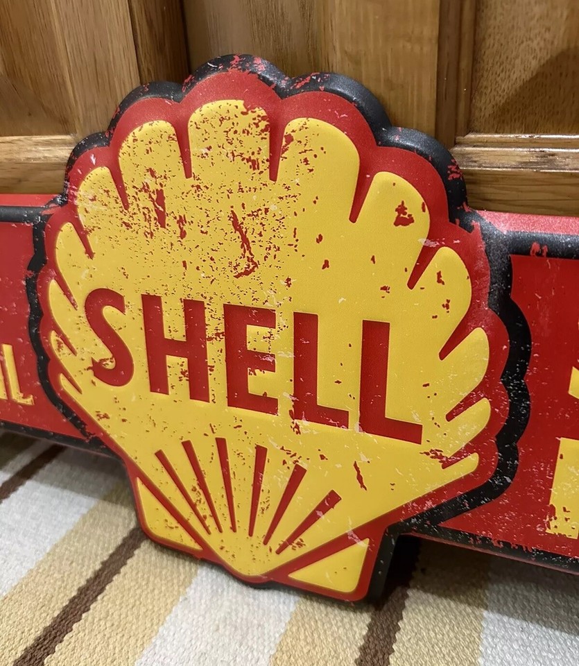 Shell Gasoline Motor Oil Metal Sign Sold Here Arrow Vintage Style Wall ...