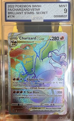 AGS 9 MINT Charizard VStar BRILLIANT STARS #174 SECRET RARE Rainbow ...