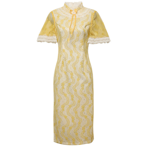 Lady Side Slit Cheongsam Chinese Qipao Dress Cute Midi Lace Ruffle ...