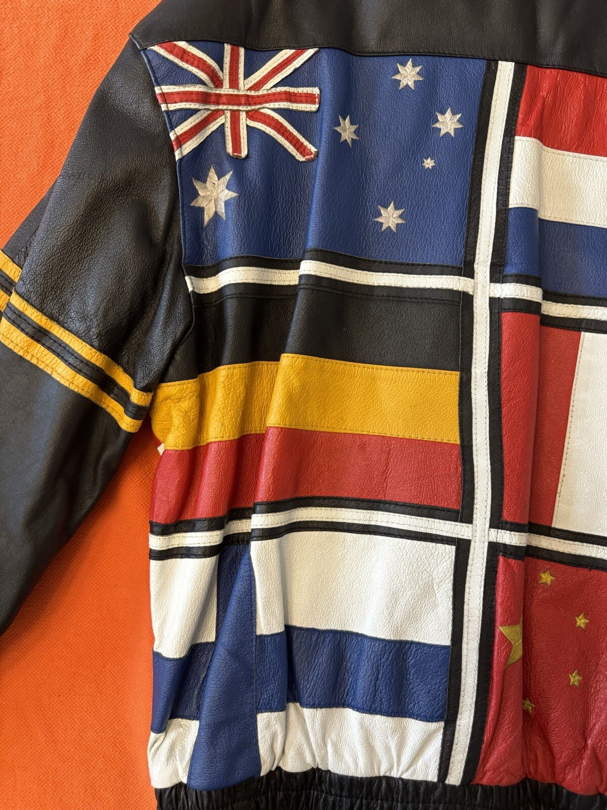 Vintage Volcano World Flag Collage Leather Jacket - Gem