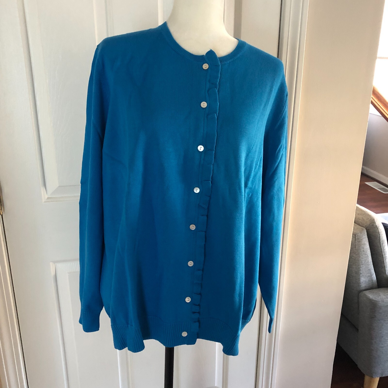 Lands' End Womens Plus Long Sleeve Ruffle Front Cardigan BRIGHT CYAN ...