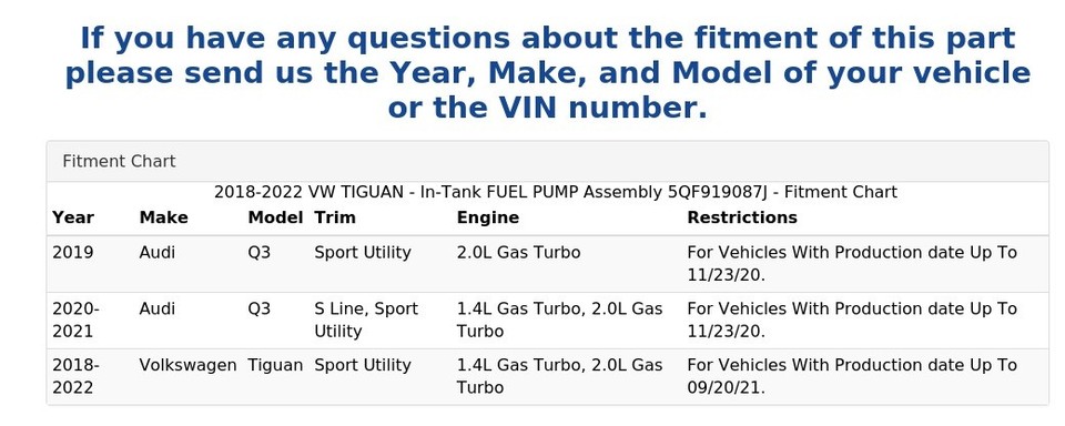 2018-2022 VW TIGUAN - In-Tank FUEL PUMP Assembly 5QF919087J | eBay