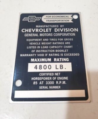 Chevy 1/2 Ton Truck ID Identification Tag For Left Door Post 1953 ...