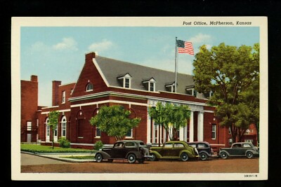 Post Office postcard Kansas KS McPherson flag cars trees columns | eBay