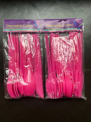 Bright Pink Plastic Cutlery Sets X2 ( 6 Forks And Spoons Per Set ) BNWT ...