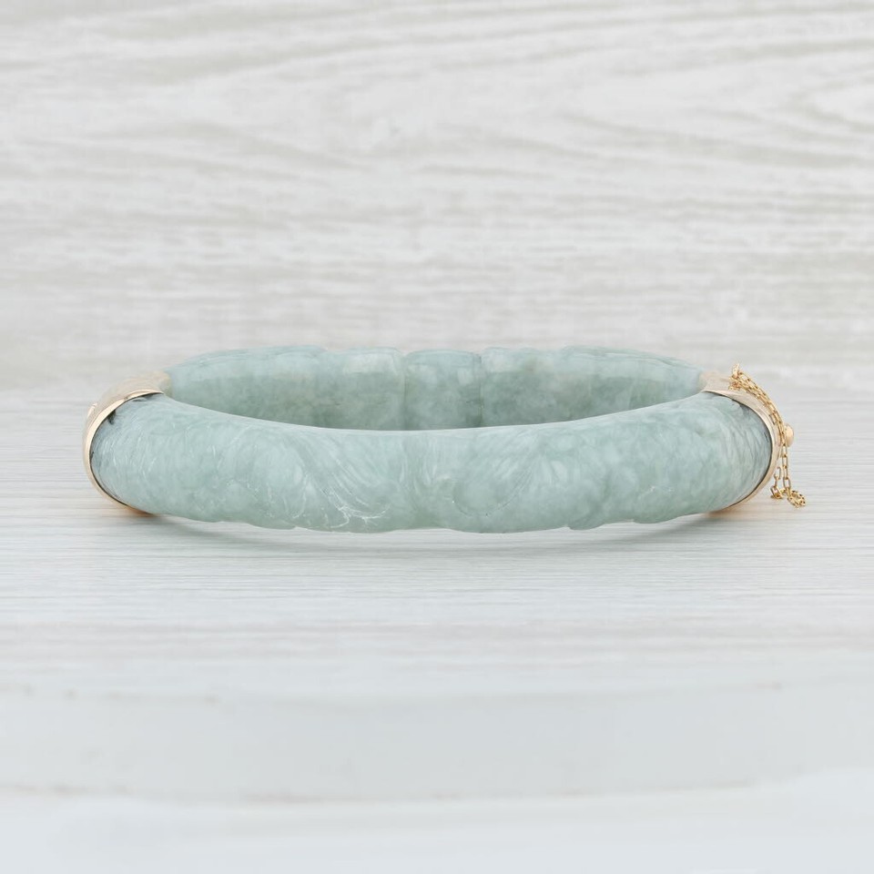 Carved Jade Dragon Bangle Bracelet 14k Gold Green Jadeite 7" Asian ...