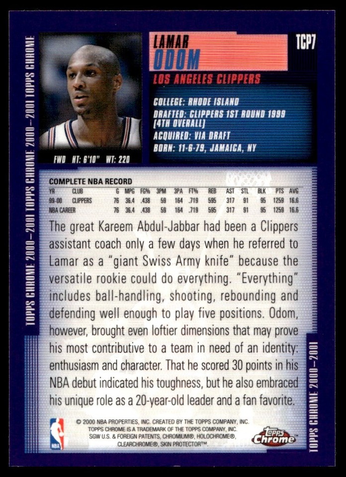 2000-01 Topps Chrome Previews Lamar Odom Rookie G46 Los Angeles ...