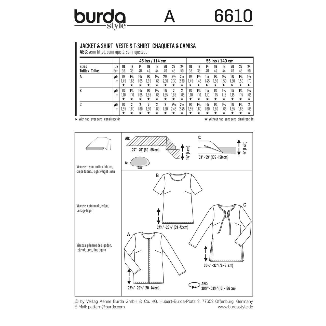 BURDA 6610 JACKET & SHIRT MISSES Sewing Pattern Sizes 10-24 Skill ...