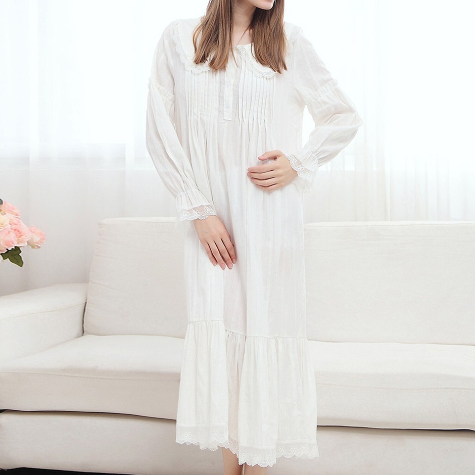 Women's Cotton Victorian Nightgown Long Sleeve Vintage Soft Ruffle ...