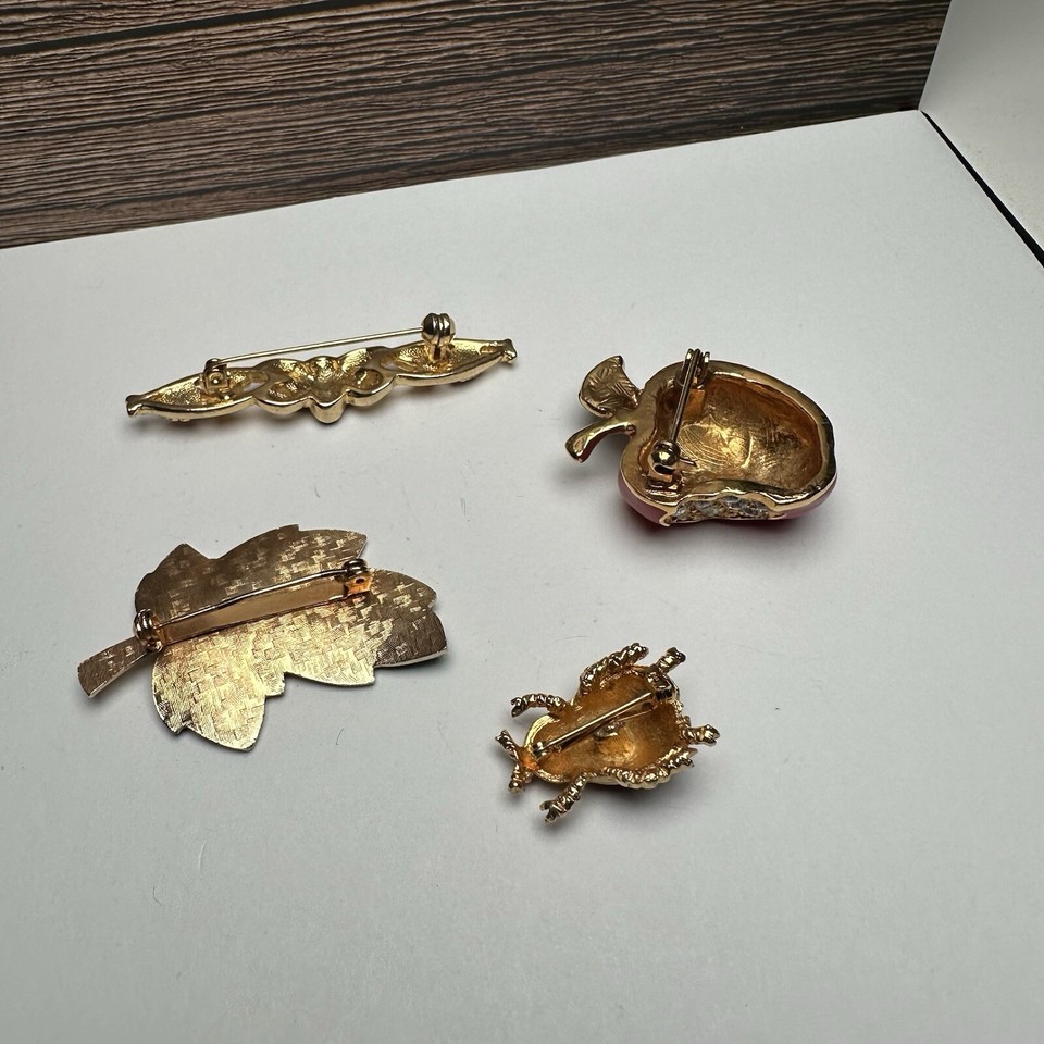 Green Leaf, Red Apple, Ladybug Bug, Flower Bar Enamel Brooch Pin Lot Of ...