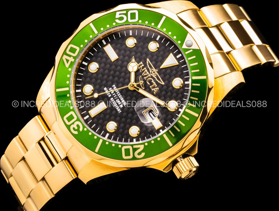 Invicta PRO DIVER 18K Gold Green Bezel Black CF Dial Mens Bracelet ...