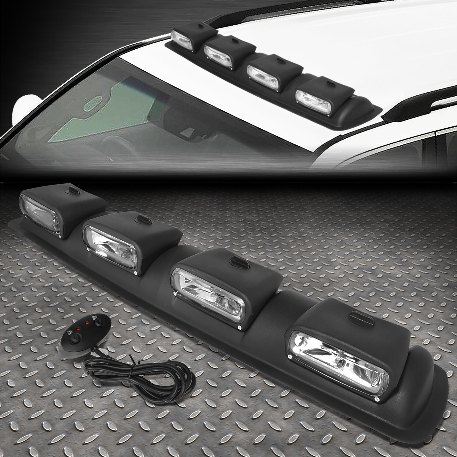 UNIVERSAL OFF-ROAD BLACK FRAME CLEAR ROOF MOUNTED FOG LIGHT+SWITCH ...