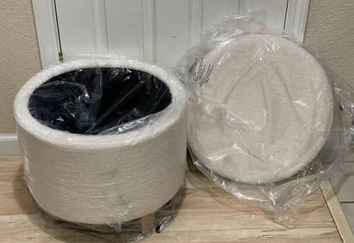 New 19” Round Cream Sherpa Storage Ottoman with Wood Legs Foot Stool ...