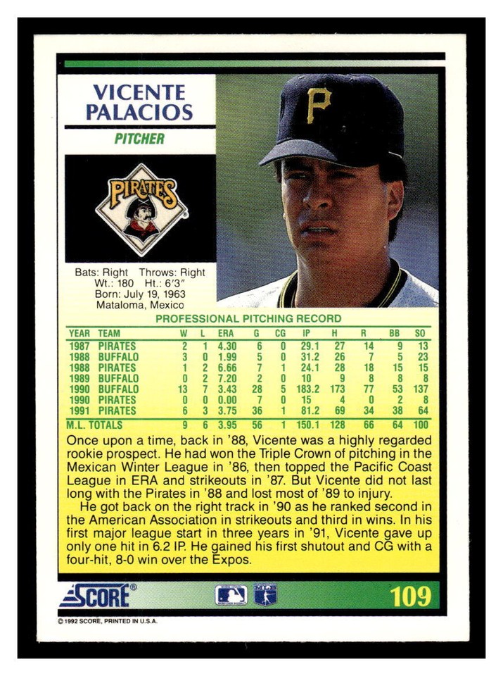 1992 Score #109 Vicente Palacios - Pittsburgh Pirates | eBay