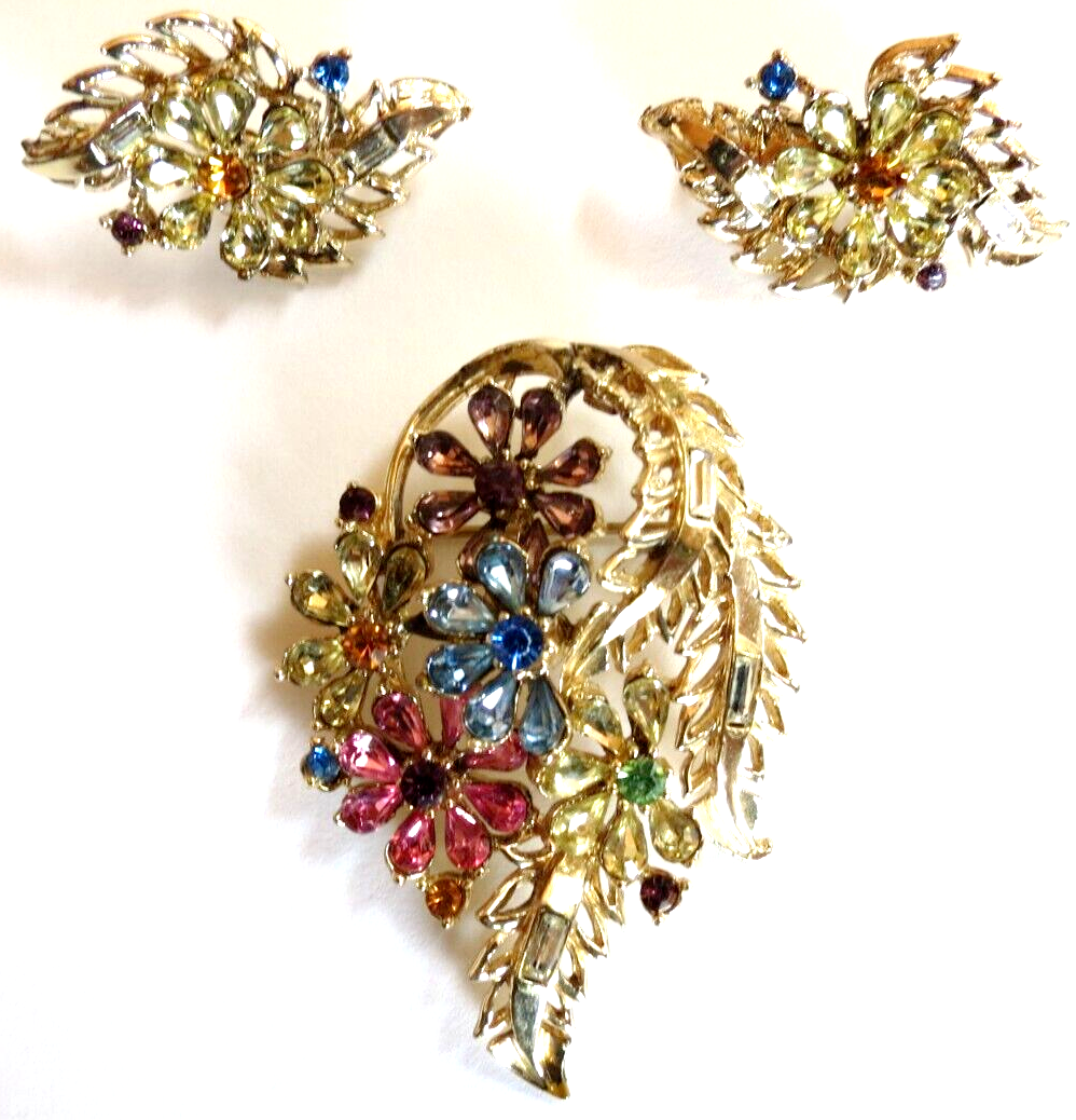 Coro Corocraft Signed Flower Brooch & Earrings Multicolor Rhinestones ...
