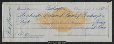 BANK CHECK RN-C1 Burlington, Vermont. Merchants National Bank of ...