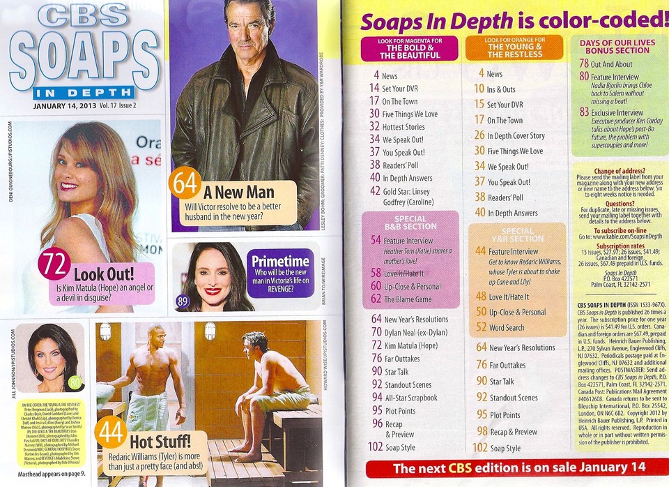CBS Soaps In Depth Magazine January 14 2013 Peter Bergman Heather Tom ...