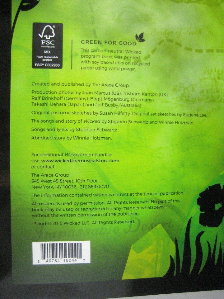 Wicked 2015 Show Program Flyer Theatre Broadway Indina Menzel Kristin ...