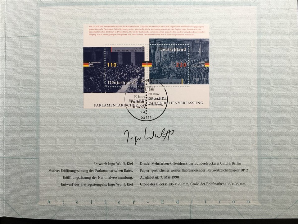 KUNST-EDITION 1998/15 BLOCK 43 PAULSKIRCHE PARLAM. RAT | eBay