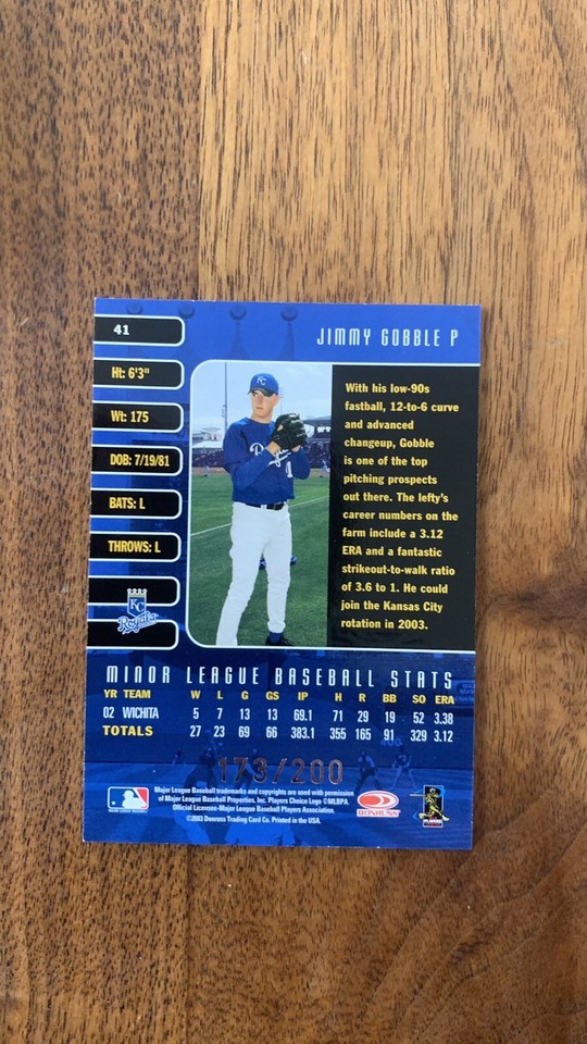 Jimmy Gobble 2003 Donruss Studio Private Signings /200 #41 Royals ...