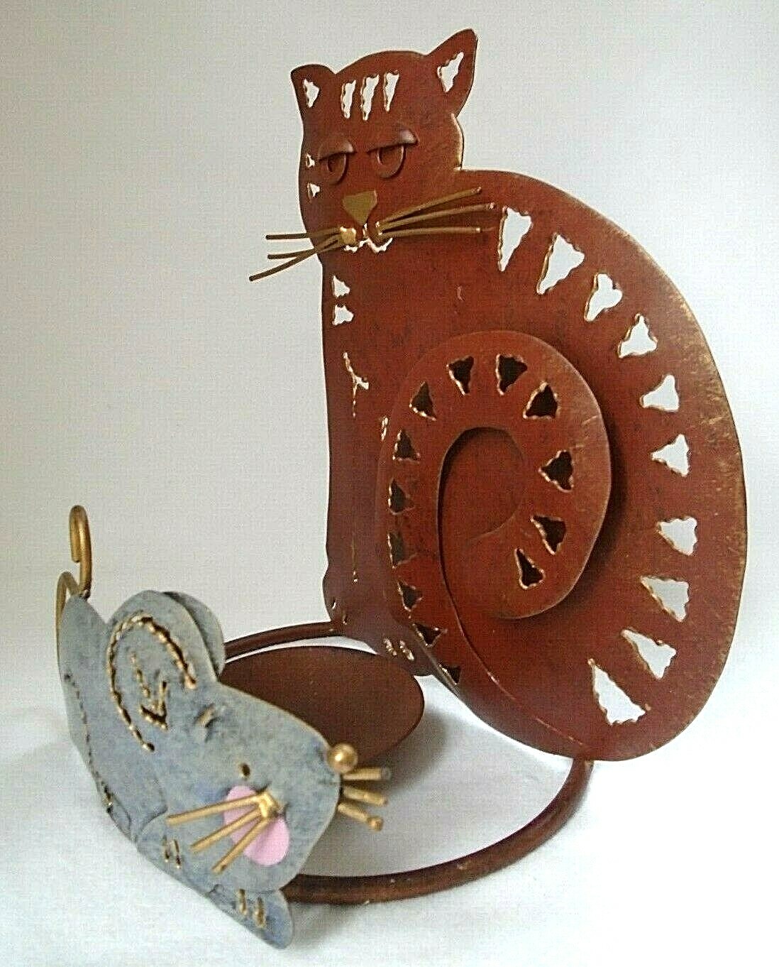 Kitty Cat & Mouse Gold Whiskers Welded Metal Art Votive Pillar Candle ...